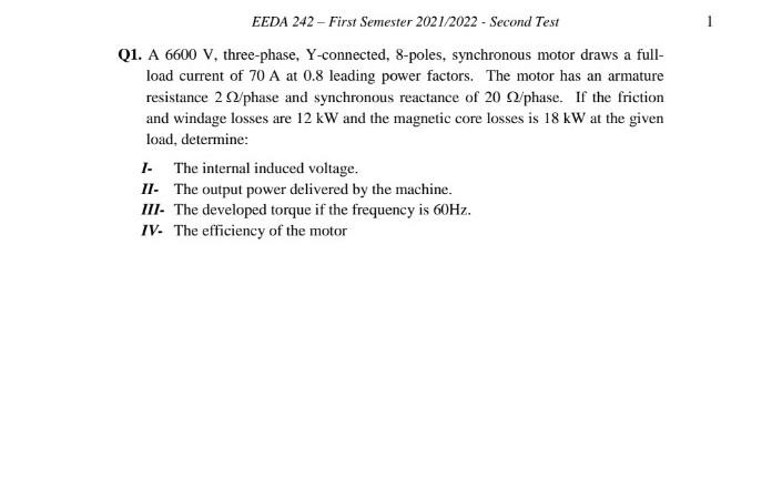 Solved Q1. A 6600 V, three-phase, Y-connected, 8-poles, | Chegg.com