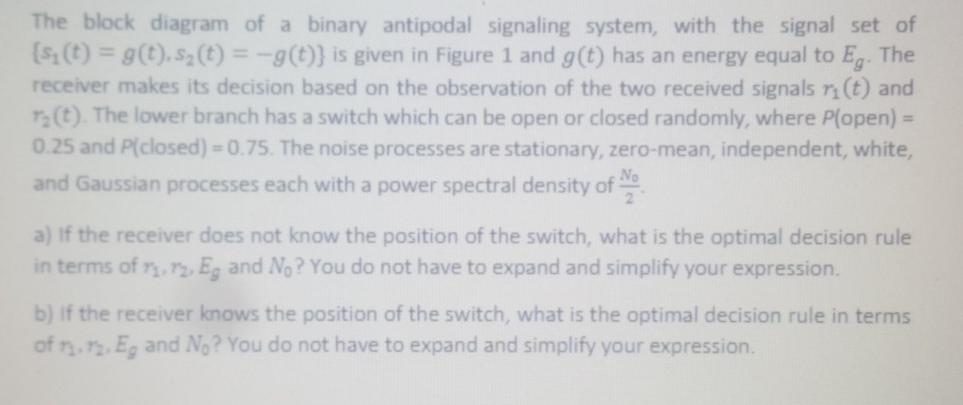 Solved The block diagram of a binary antipodal signaling | Chegg.com