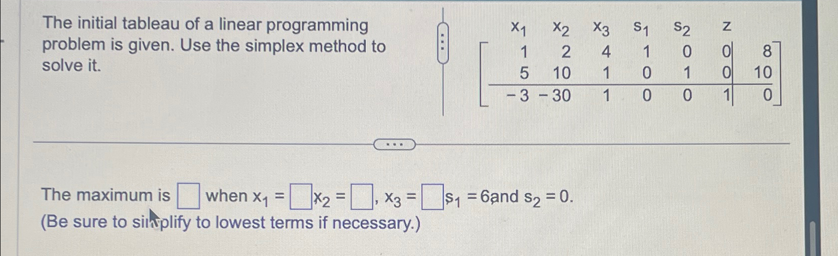 Solved The initial tableau of a linear programming problem | Chegg.com