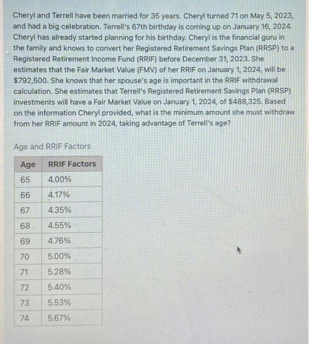 Solved Cheryl and Terrell have been married for 35 years. | Chegg.com