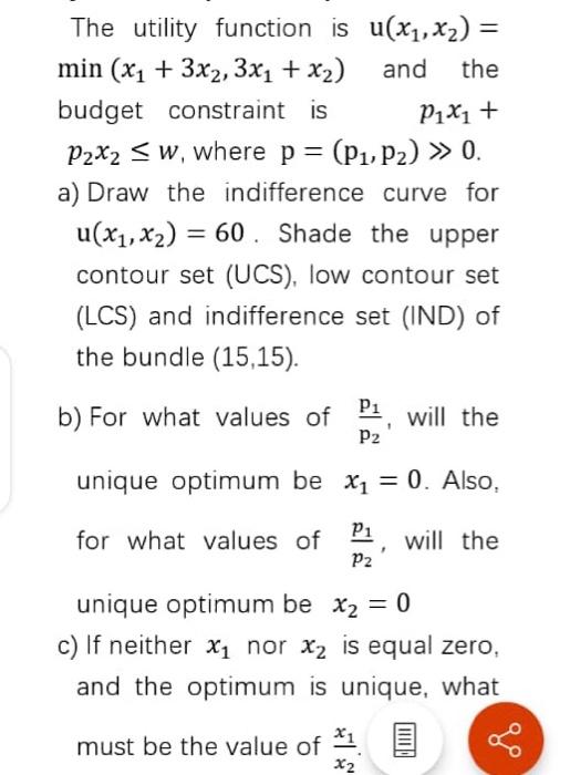 Solved P1X1 + The utility function is u(x1, x2) = min (x1 + | Chegg.com