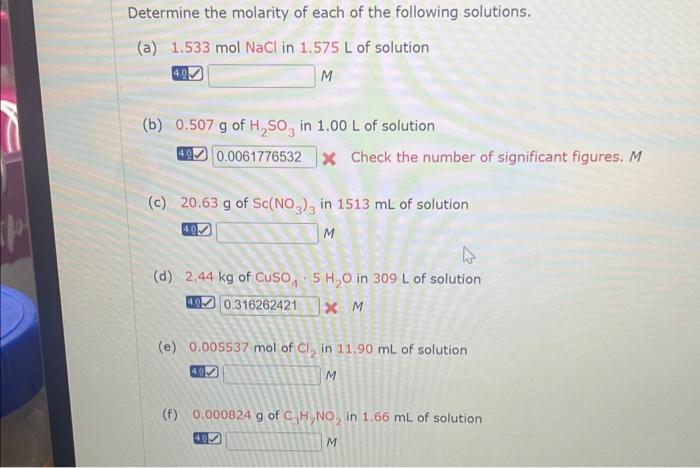 Solved Determine the molarity of each of the following | Chegg.com