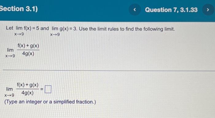 Solved Section 3.1) lim X-9 Let lim f(x) = 5 and lim g(x) = | Chegg.com