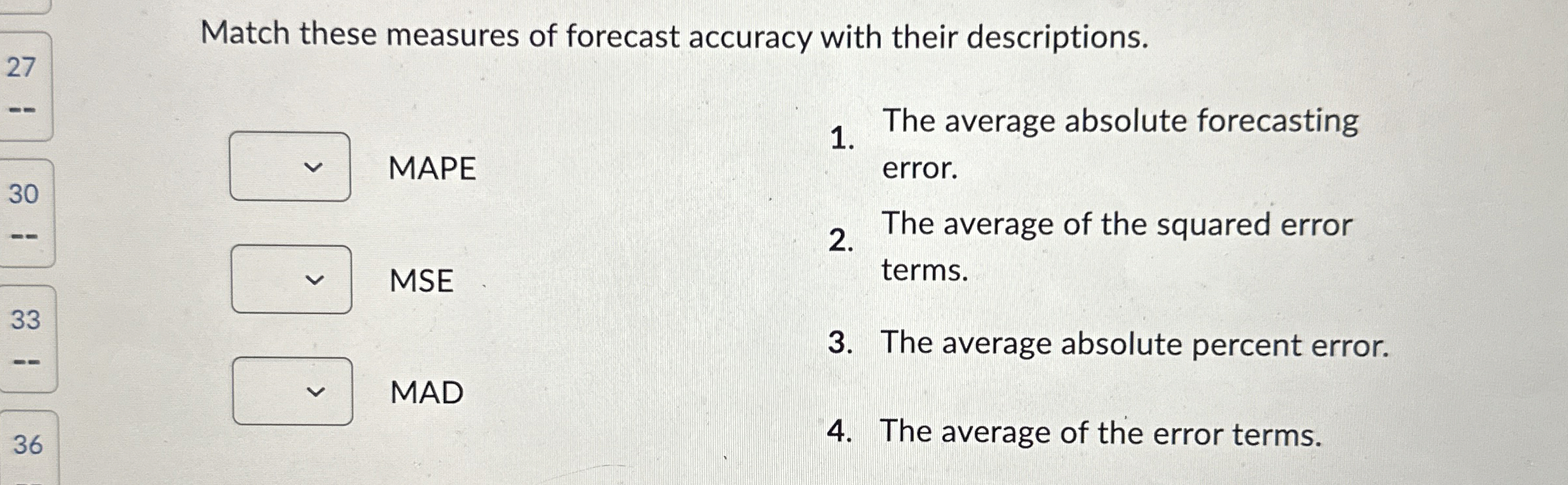 Solved Match these measures of forecast accuracy with their | Chegg.com
