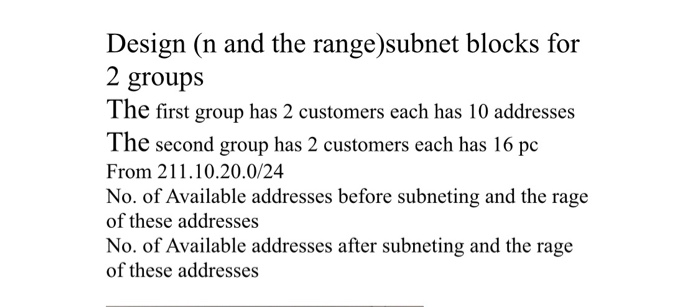 Solved Design (n and the range)subnet blocks for 2 groups | Chegg.com