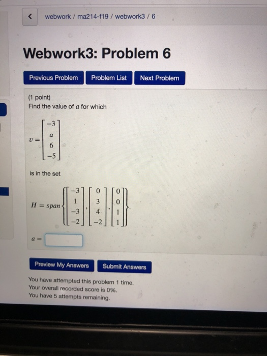 Solved webwork /ma214-f19/ webwork3/6 Webwork3: Problem 6 | Chegg.com
