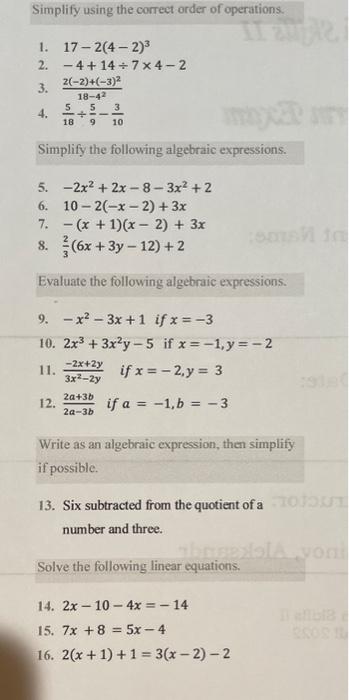 Solved Simplify using the correct order of operations. 1. | Chegg.com