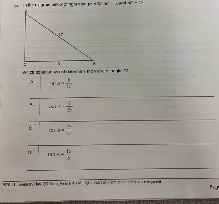 Solved 12. In the diagram below of right triangle ABC, AC = | Chegg.com