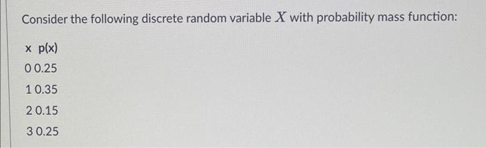 Solved Consider the following discrete random variable X | Chegg.com