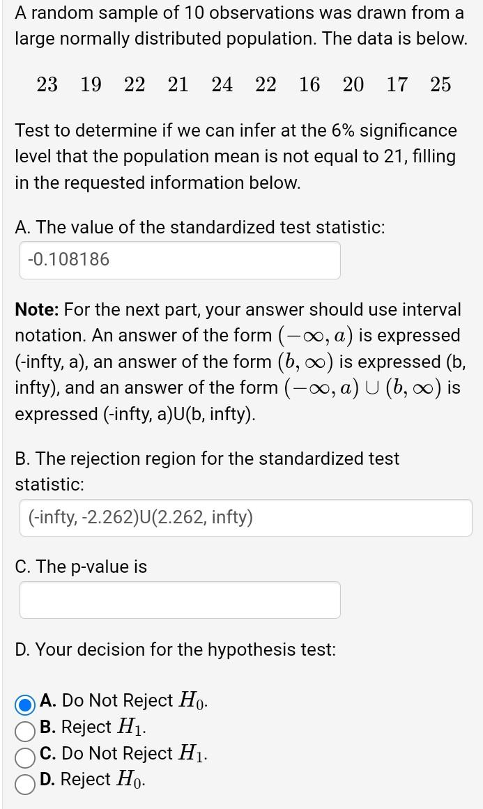 Solved A random sample of 10 observations was drawn from a | Chegg.com