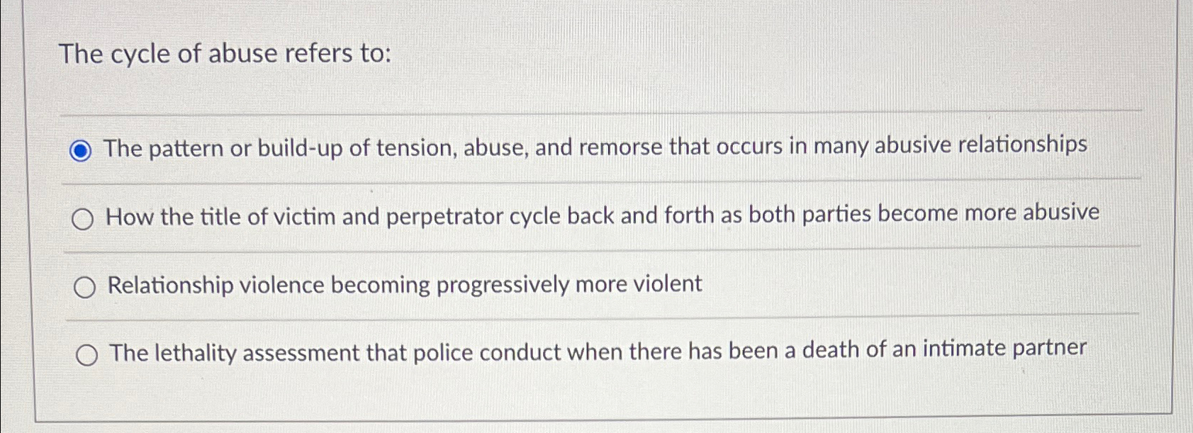 Solved The cycle of abuse refers to:The pattern or build-up | Chegg.com