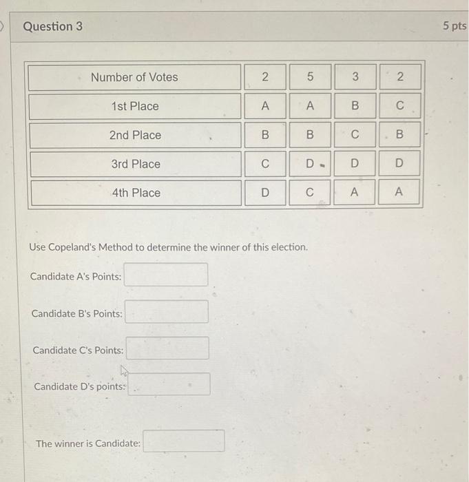 Solved Question 3 5 pts Use Copeland's Method to determine | Chegg.com Solved Question 3 5 pts Use Copeland's Method to determine | Chegg.com