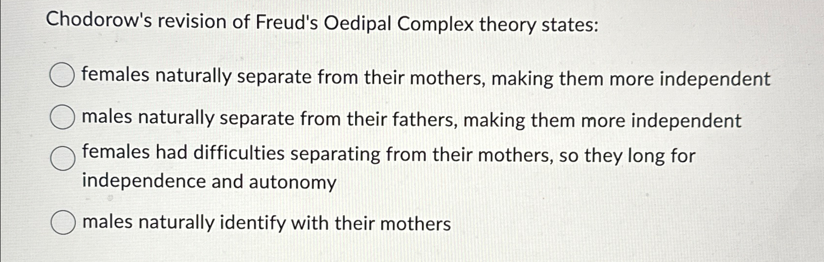 Solved Chodorow's revision of Freud's Oedipal Complex theory | Chegg.com Solved Chodorow's revision of Freud's Oedipal Complex theory | Chegg.com