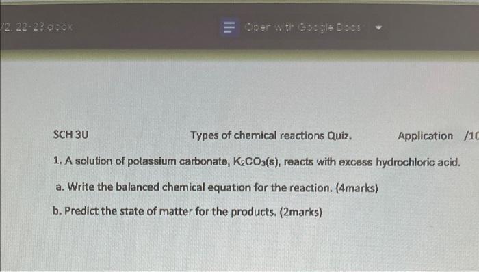 Solved SCH 3U Types of chemical reactions Quiz. Application | Chegg.com