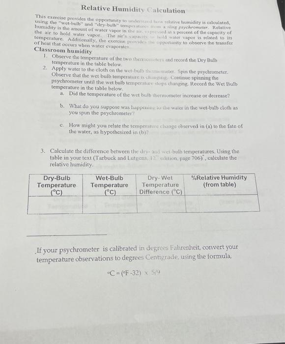 Relative Humidity Calculation This exercise provides | Chegg.com