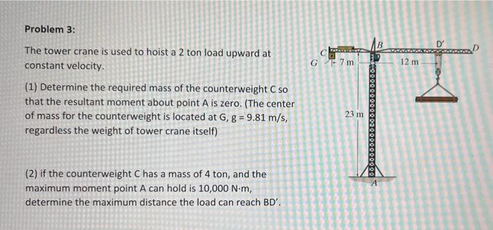 Solved Problem 3: D 67 m 12 m The tower crane is used to | Chegg.com