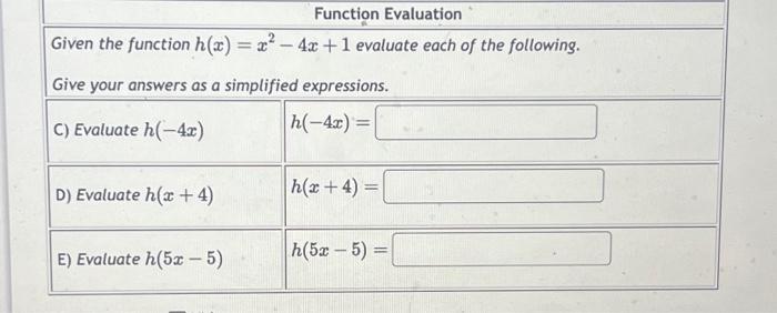 Solved Function Evaluation Given the function h(x)=x2−4x+1 | Chegg.com