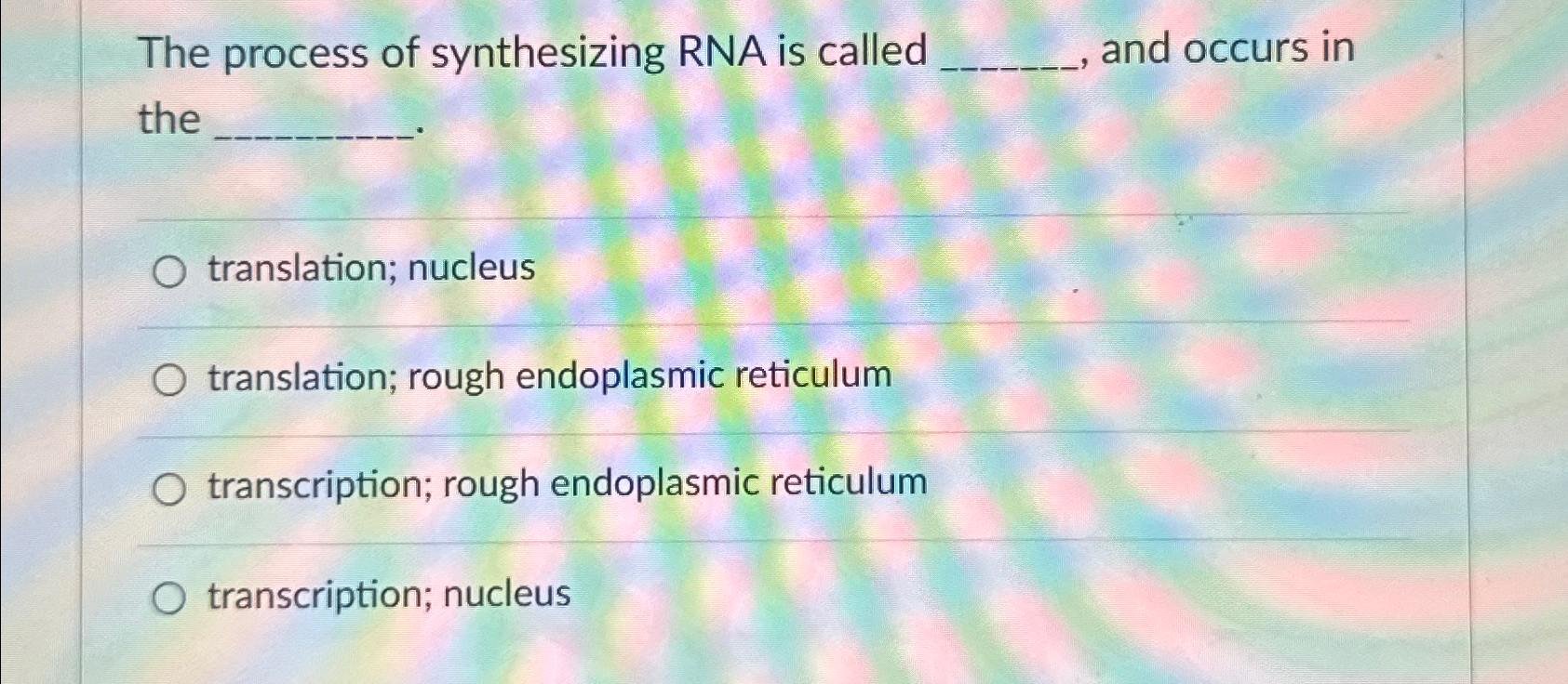 Solved The process of synthesizing RNA is called and occurs | Chegg.com