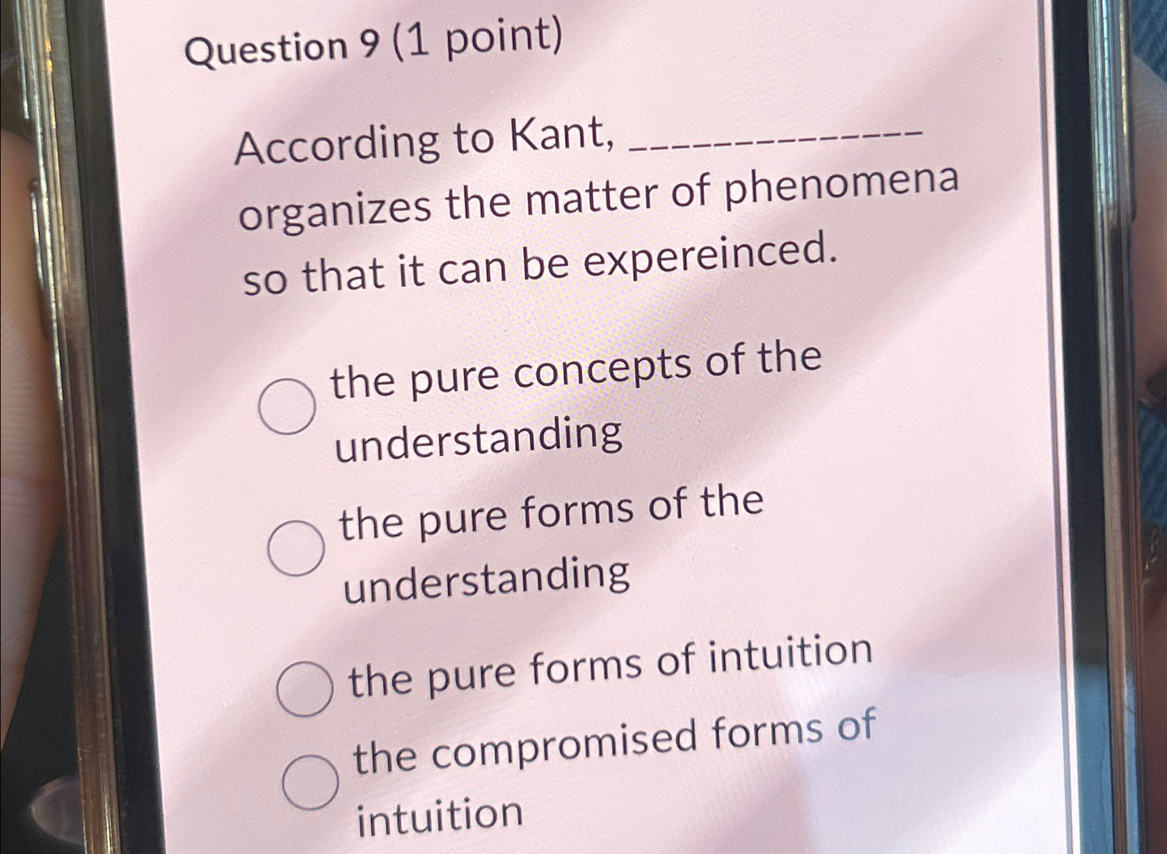 Solved Question 9 (1 ﻿point)According to Kant, organizes the | Chegg.com