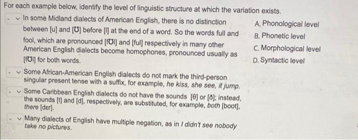 Solved For each example below, identify the level of | Chegg.com