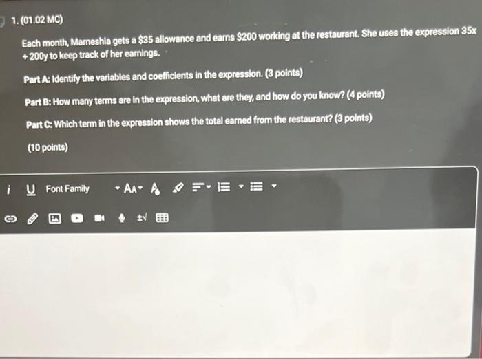 Solved 1. (01.02 MC) Each month, Marneshia gets a $35 | Chegg.com