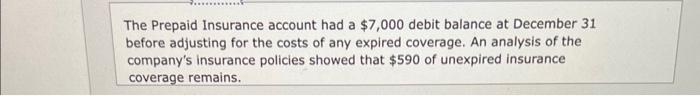 Solved The Prepaid Insurance account had a $7,000 debit | Chegg.com