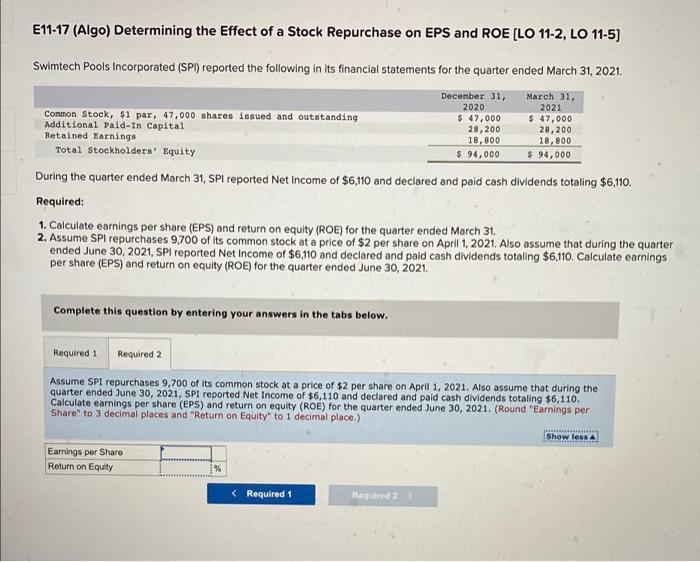 Solved E11-17 Determining the Effect of a Stock Repurchase | Chegg.com