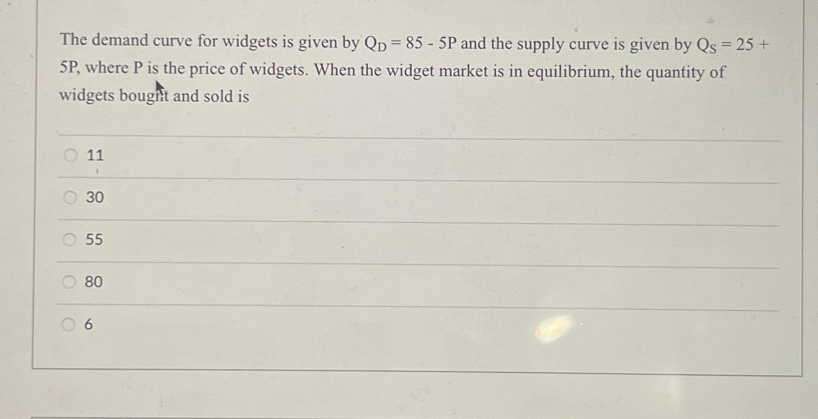 Solved The demand curve for widgets is given by QD=85-5P | Chegg.com