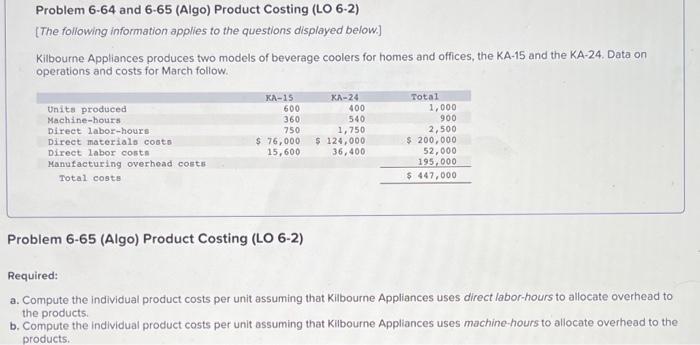 Solved Problem 6.64 and 6.65 (Algo) Product Costing (LO 6-2) | Chegg.com