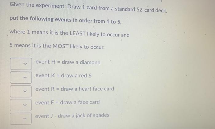 Solved Given the experiment: Draw 1 card from a standard | Chegg.com