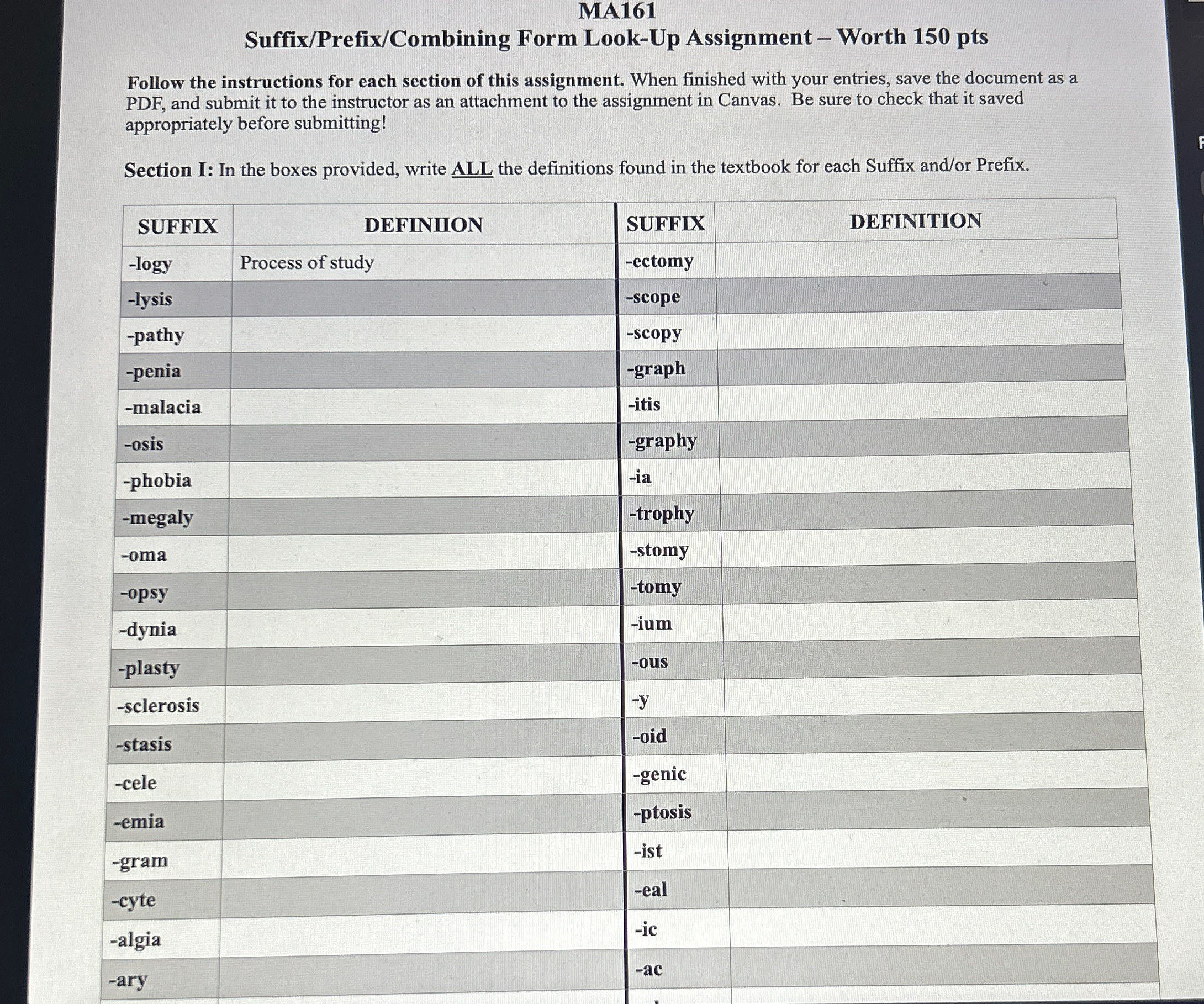 Solved MA161Suffix/Prefix/Combining Form Look-Up Assignment | Chegg.com