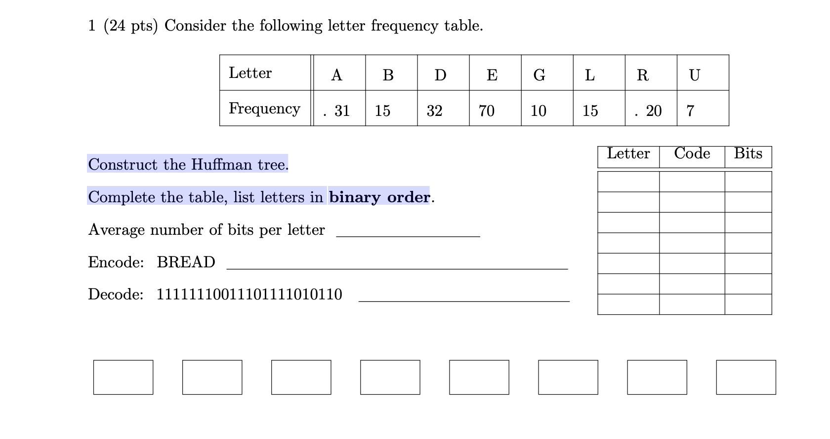 Solved 1 (24 ﻿pts) ﻿Consider the following letter frequency | Chegg.com