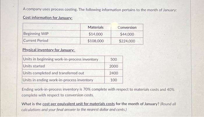 Solved A company uses process costing. The following | Chegg.com
