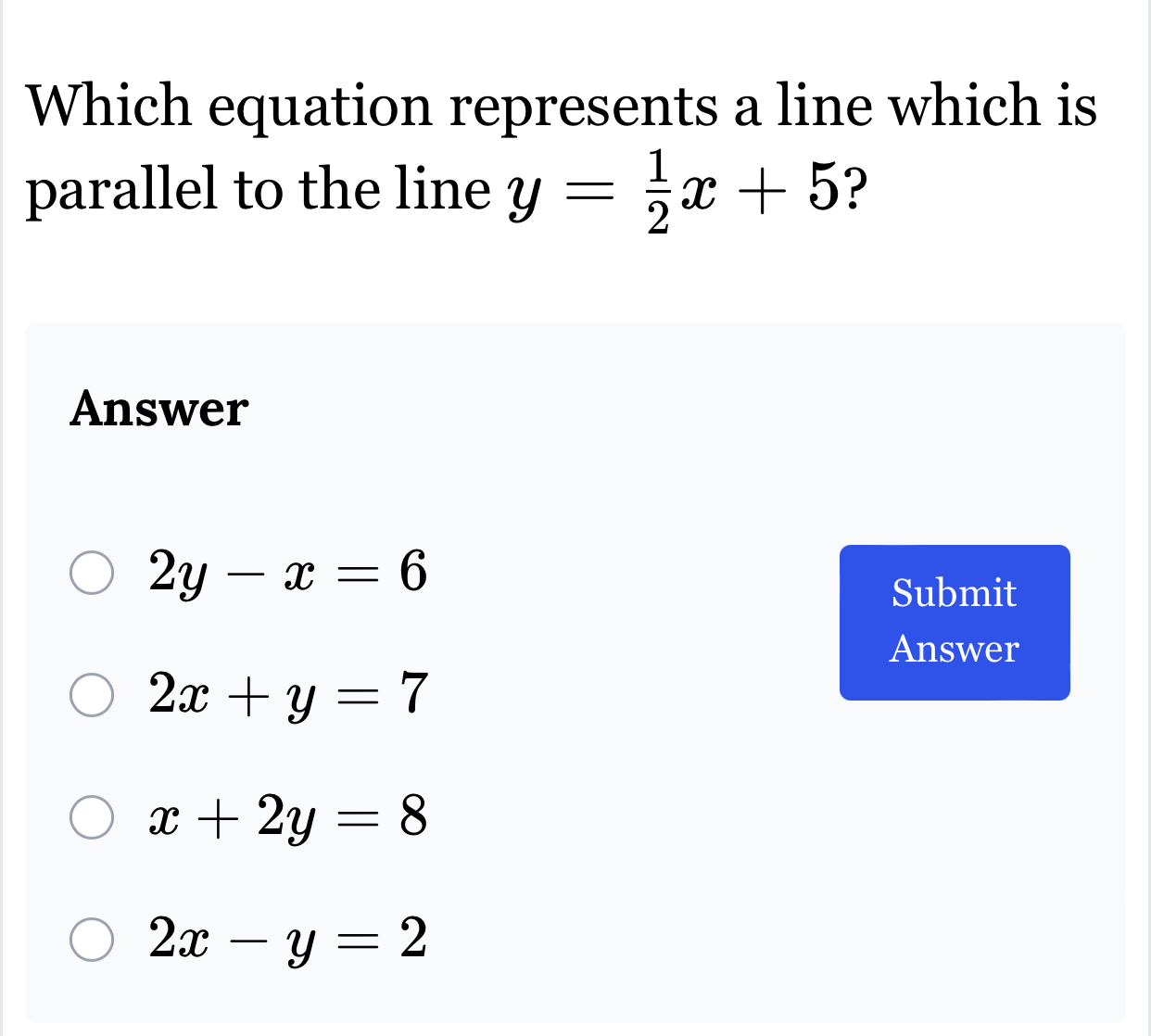 Solved Which equation represents a line which is parallel to | Chegg.com