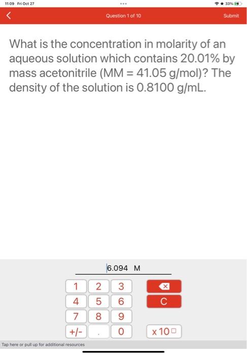 Solved What is the concentration in molarity of an aqueous | Chegg.com