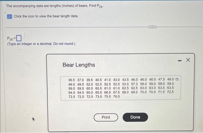 Solved The accompanying data are lengths (inches) of bears. | Chegg.com
