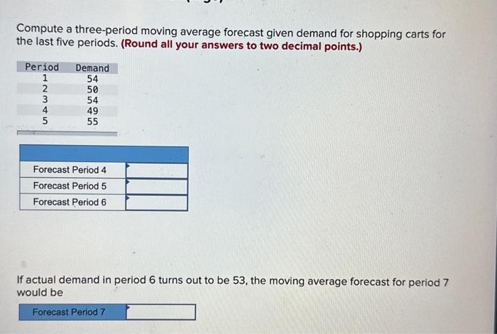 Solved Compute a three-period moving average forecast given | Chegg.com