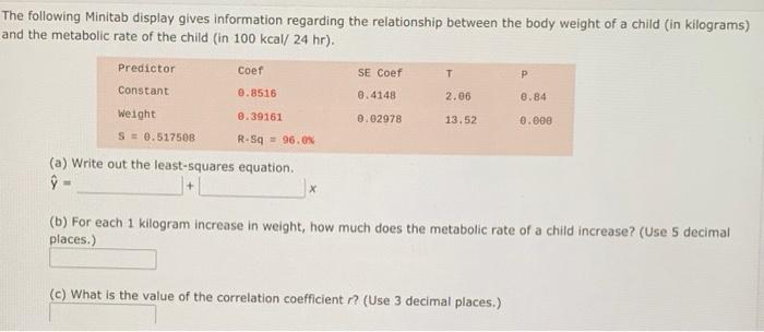 Solved SE Coef T Р The following Minitab display gives | Chegg.com