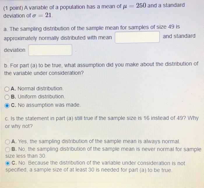 Solved (1 point) A variable of a population has a mean of | Chegg.com