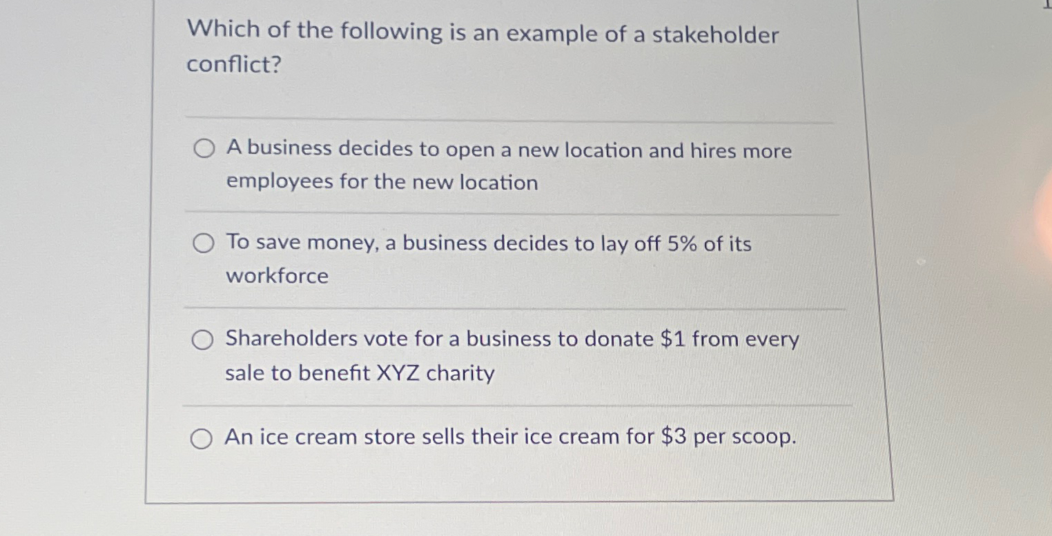 Solved Which of the following is an example of a stakeholder | Chegg.com