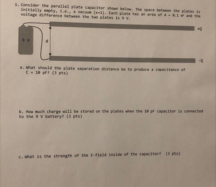 Solved 1. Consider the parallel plate capacitor shown below. | Chegg.com