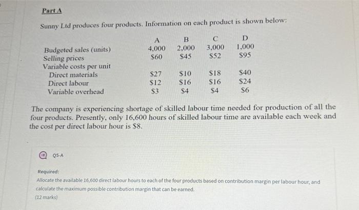 Solved Part A Sunny Ltd produces four products. Information | Chegg.com