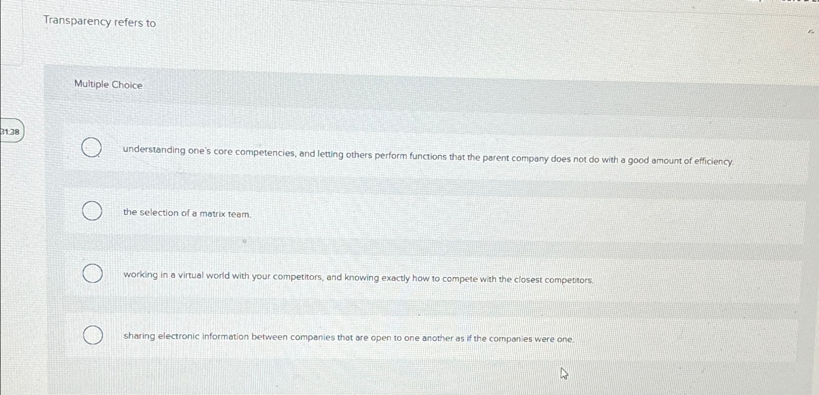 Solved Transparency refers toMultiple Choiceunderstanding | Chegg.com