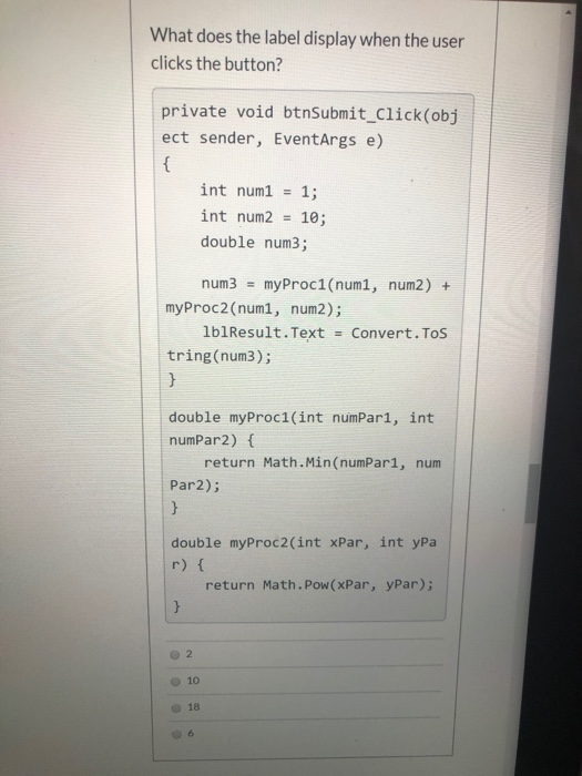 Solved What does the label display when the user clicks the | Chegg.com
