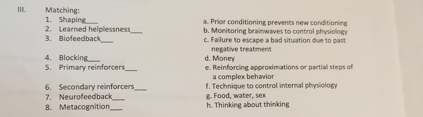 Solved III. Matching:ShapingLearned | Chegg.com