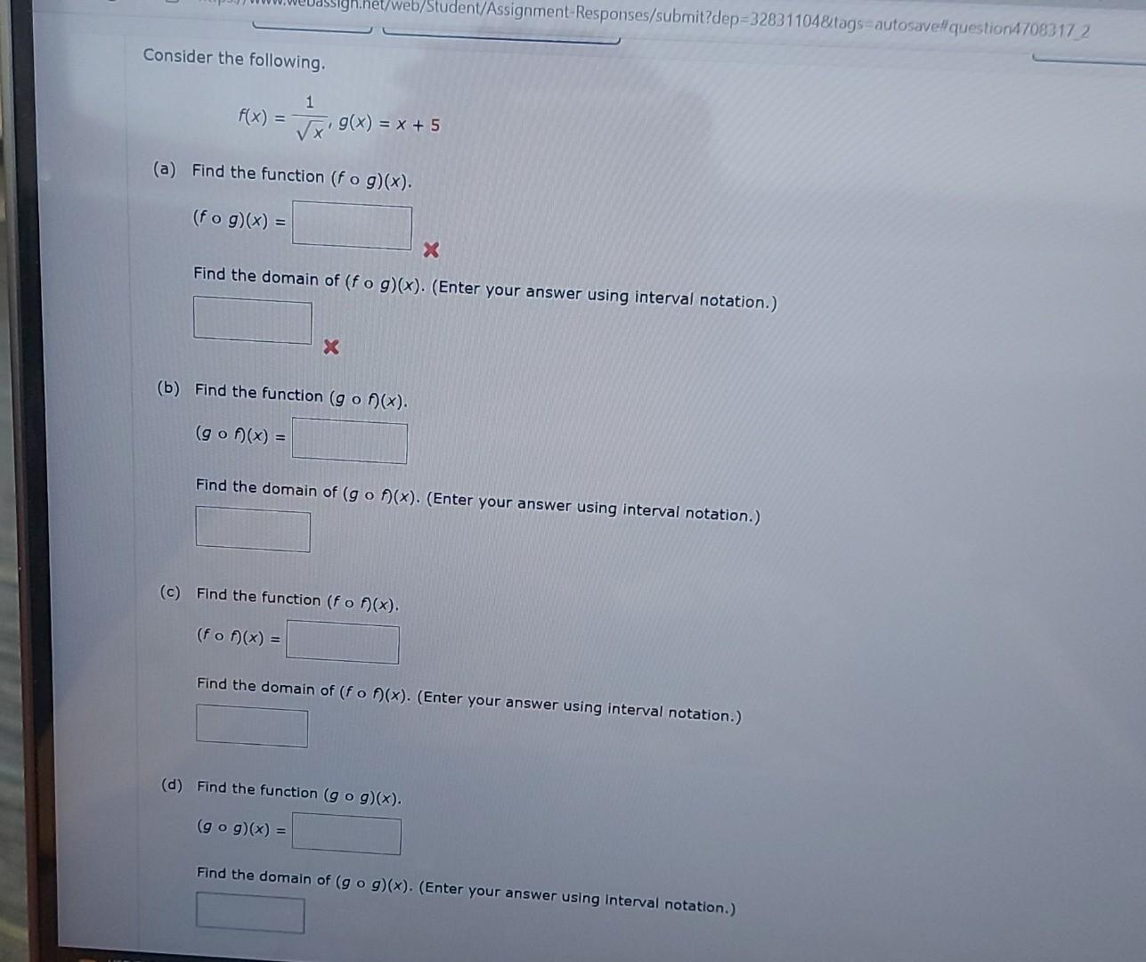 Solved Consider the following. 1 f(x) = √√√x¹ g(x) = x + | Chegg.com
