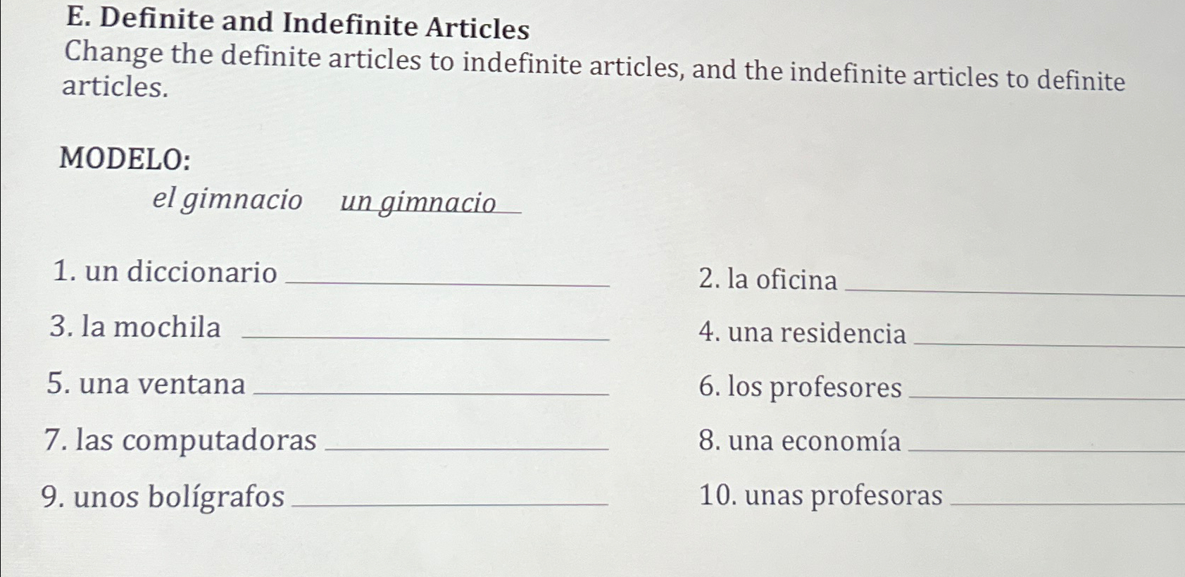 Solved E. ﻿Definite and Indefinite ArticlesChange the | Chegg.com