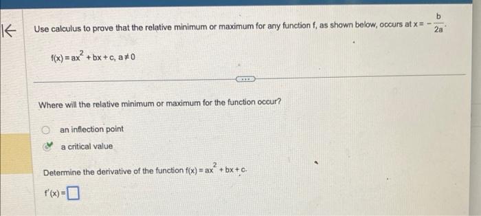 Solved Use calculus to prove that the relative minimum or | Chegg.com