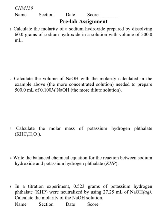 Solved CHM130 Name Section Date Score Pre-lab Assignment 1. | Chegg.com
