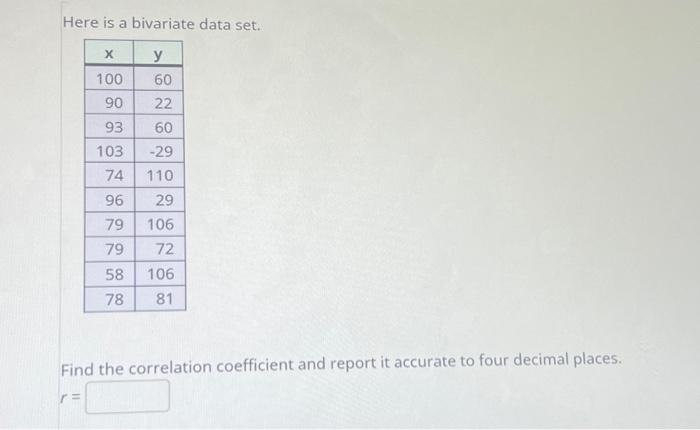 Solved Here is a bivariate data set. Find the correlation | Chegg.com